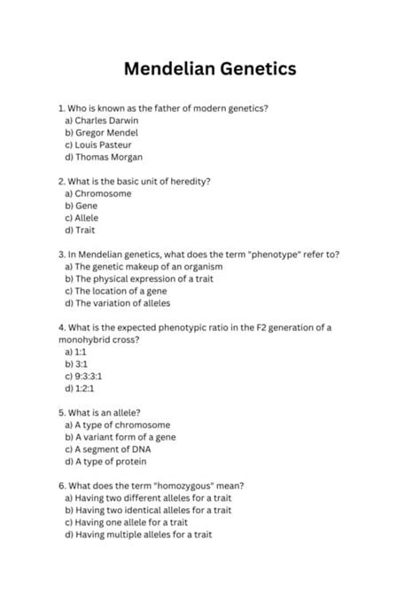 30 Quiz Questions — Mendelian Genetics Basic Principles Of Genetics