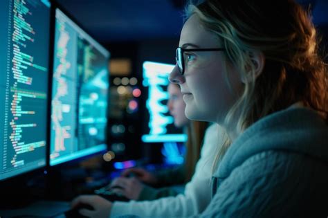 Premium Photo A Woman Sitting In Front Of Two Computer Monitors