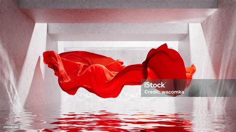 사실적인 3d 렌더링 빨간 실크 휘장이 떨어지는 미니멀리스트 패션 배경 밝은 대낮 아래 콘크리트 방에서 물 위로 공중 부양 바람에 흔들리는 천 조각 공단에 대한 스톡 사진