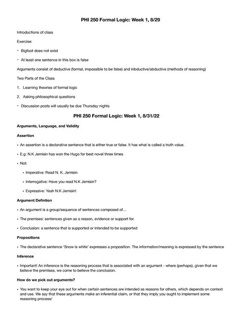 PHI 250 Week 1 Professor Robby Finley Week 1 Notes In Class M W F PHI 250 Formal Logic