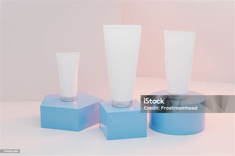 화장품 용 로션 튜브 병의 모형 세트 또는 블루 연단에 광고 3d 일러스트 렌더링 0명에 대한 스톡 사진 및 기타 이미지 0