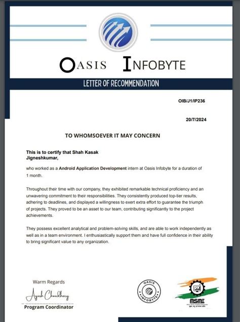 Kasak Shah On Linkedin Internship Mobileappdevelopment Oasisinfobyte Professionaldevelopment