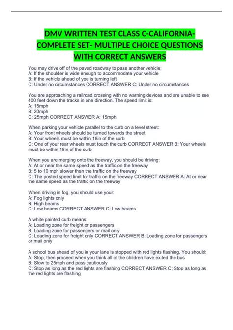 DMV WRITTEN TEST CLASS C CALIFORNIA COMPLETE SET MULTIPLE CHOICE QUESTIONS WITH CORRECT ANSWERS