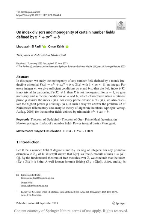 On Index Divisors And Monogenity Of Certain Number Fields Defined By X12 Axm B Documentclass