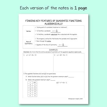 Key Features Quadratic Functions Algebraically Differentiated Notes