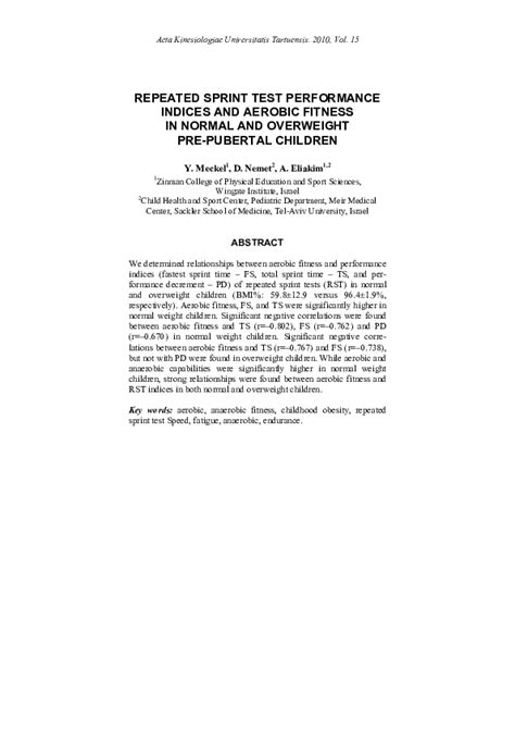 Pdf Repeated Sprint Test Performance Indices And Aerobic Fitness In Normal And Overweight Pre