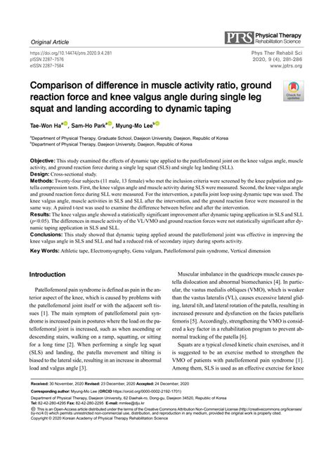Pdf Comparison Of Difference In Muscle Activity Ratio Ground Reaction Force And Knee Valgus