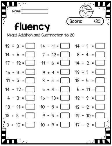 Mixed Addition And Subtraction To 20 Fact Fluency Test Worksheet 1st