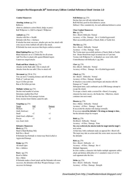 Vtm 20th Combat Reference Guide Pdf Firearms Projectile Weapons