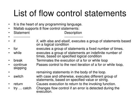 Ppt List Of Flow Control Statements Powerpoint Presentation Free