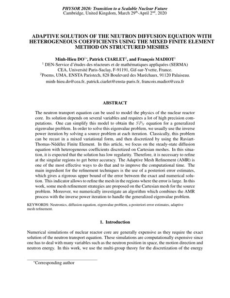Pdf Adaptive Solution Of The Neutron Diffusion Equation With
