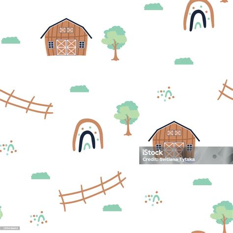 귀여운 갈색 헛간 녹색 나무 울타리 흰색 배경에 무지개 농장 만화 원활한 패턴 플랫 스타일의 아이들을위한 벡터 일러스트 레이션 0명에 대한 스톡 벡터 아트 및 기타 이미지