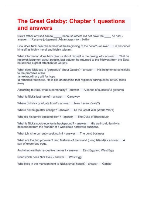 The Great Gatsby: Chapter 1 questions and answers - The great gatsby ...