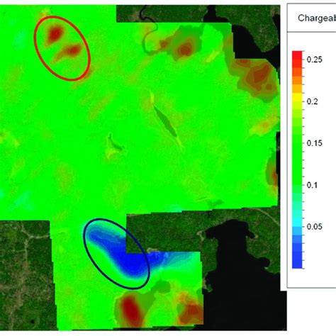 chargeability inversion results at a depth of 150 m below the surface