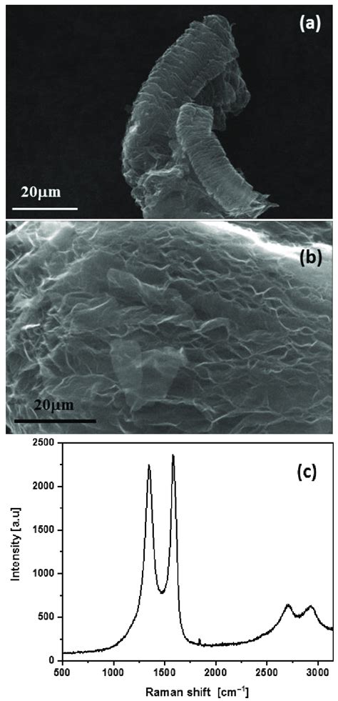 Sem Images At Different Magnifications A B And Raman Spectrum C Of Download Scientific