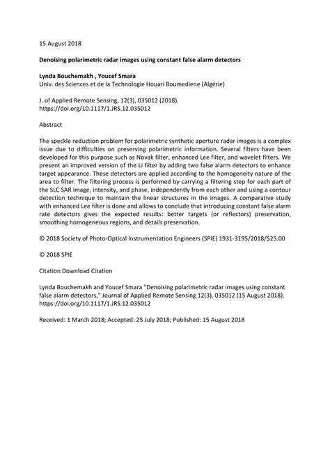 Pdf Denoising Polarimetric Radar Images Using Constant False Alarm