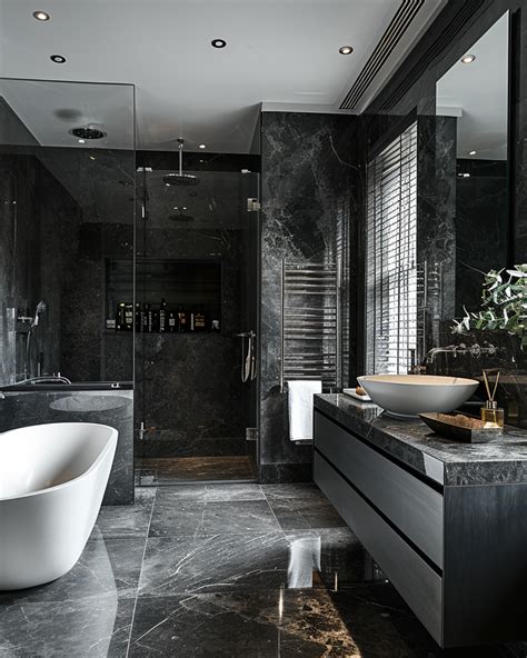 Luxurious Retreat In Dark Black Marble Bathroom In 2025 Black Tile Bathrooms Bathroom Design