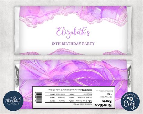 Purple Chocolate Wrapper Template Editable Candy Bar Wrapper Etsy