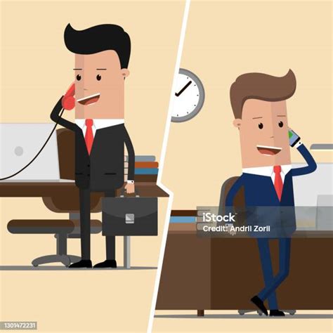 두 명의 사업가가 전화로 서로 소통합니다 통신 개념 벡터 일러스트레이션 경영자에 대한 스톡 벡터 아트 및 기타 이미지 경영자