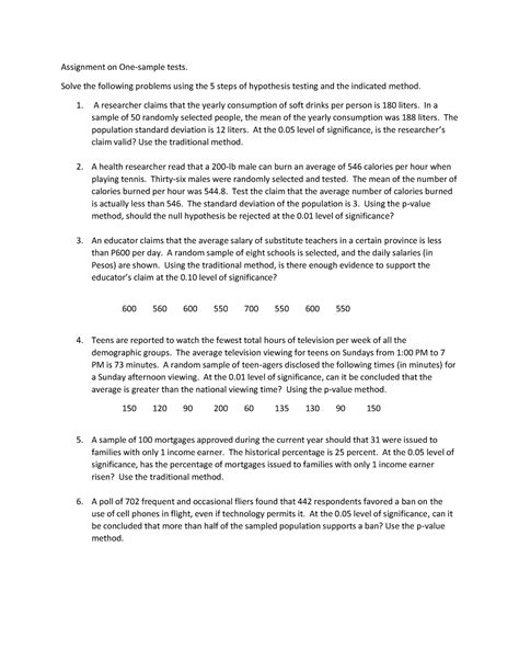 One Sample Tests Assignment Assignment On One Sample Tests Solve The Following Problems Using