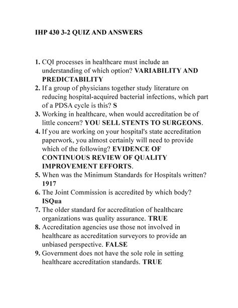 IHP Quiz Quiz IHP QUIZ AND ANSWERS CQI Processes In Healthcare Must