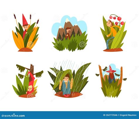 Tiny Fairy People Walking In Tall Grass And Hiding Behind Mushroom And Blade Vector Set
