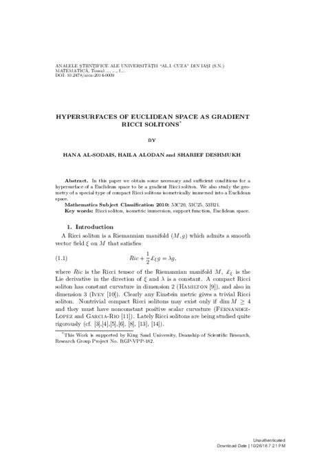 Pdf Hypersurfaces Of Euclidean Space As Gradient Ricci Solitons