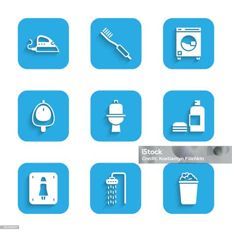 세팅 화장실 그릇 샤워 비누 비누 가루 양동이 샴푸 병 여성 화장실 소변 또는 피사오 와셔 및 전기 철 아이콘 벡터 0명에 대한 스톡 벡터 아트 및 기타 이미지 Istock
