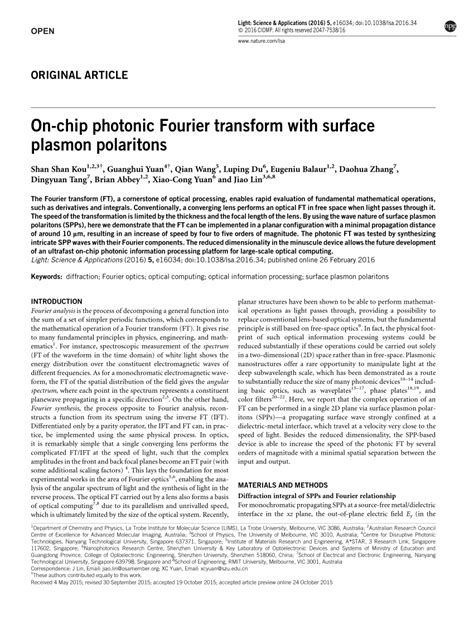 Pdf On Chip Photonic Fourier Transform With Surface Plasmon Polaritons