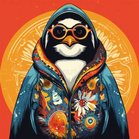 Funky Penguin In Retro Style With Vibrant Colors Stock Illustration