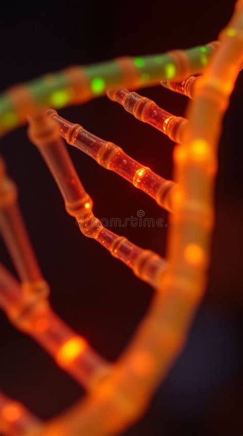 Illuminated Dna Double Helix Model Close Up View Showcasing Intricate Structure And Glowing