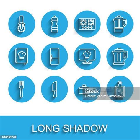 세트 라인 포크 나이프 피자 나이프 프라이팬 도마 냉장고 전기 주전자 및 위치 아이콘이있는 요리사 모자 벡터 그림자에 대한 스톡 벡터 아트 및 기타 이미지 Istock