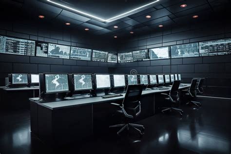 Control Room With Computers And Monitors On The Wall Generative Ai Stock Illustration
