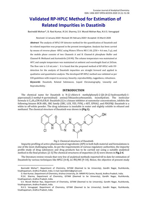 Pdf Validated Rp Hplc Method For Estimation Of Related Impurities In Dasatinib Eurasian