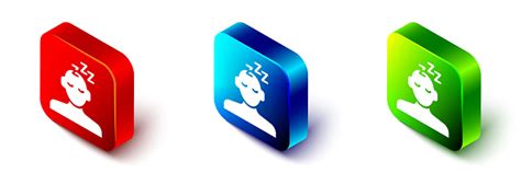 흰색 배경에 격리 된 등색 꿈 아이콘 수면 휴식 꿈의 개념 휴식 시간과 편안한 휴식 빨간색 파란색 및 녹색 사각형 버튼 벡터 3차원 형태에 대한 스톡 벡터 아트 및 기타