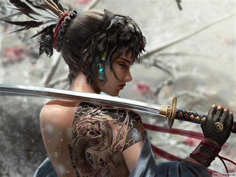 Samurai Girl Tattoo Katana 4k Wallpaper Download