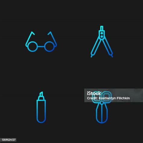 세트 라인 가위 마커 펜 안경 및 드로잉 나침반 그라데이션 색상 아이콘입니다 벡터 가위에 대한 스톡 벡터 아트 및 기타 이미지 가위 공학 광학 기기 Istock