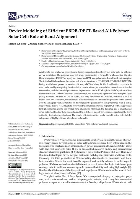 Pdf Device Modeling Of Efficient Pbdb Tpzt Based All Polymer Solar