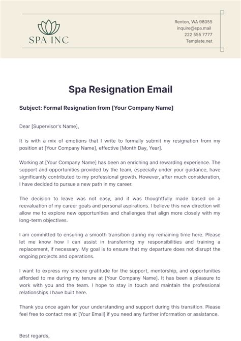 Free Spa Resignation Email Template To Edit Online