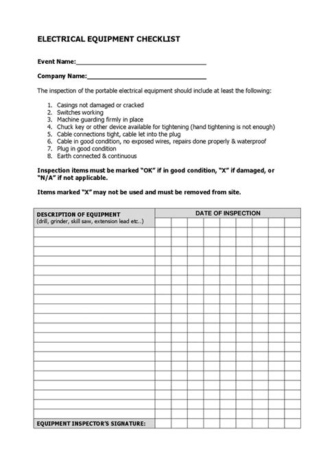 Electrical Equipment Checklist In Word And Pdf Formats