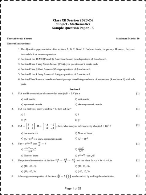 sample paper 5 pdf matrix mathematics derivative