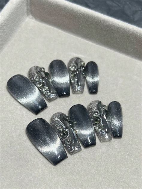 10pcsset Extra Long Coffin Nails Gradient Black Cat Eye Rhinestone