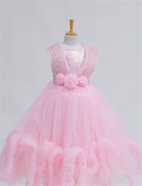 Glittering Pink Gown With Floral Hip Belt Momatos