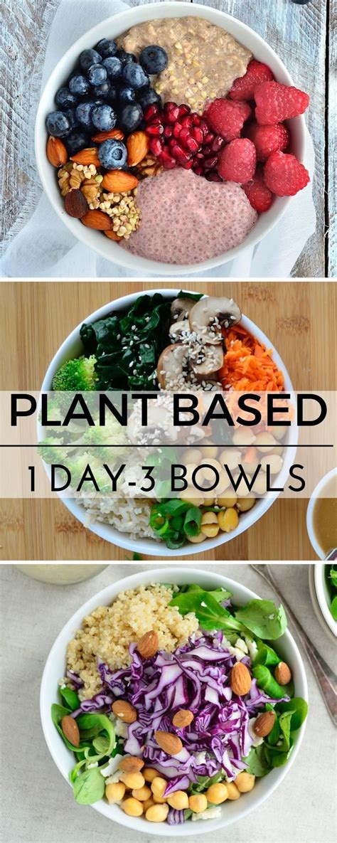 Four Different Bowls Filled With Vegetables And Meats All Labeled In