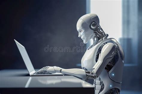 A Robot Sitting At A Desk Using A Laptop Generative Ai Stock Illustration Illustration Of