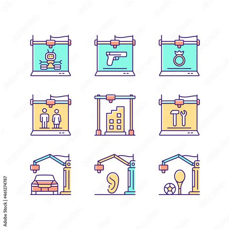 D Printing Process RGB Color Icons Set Design Representation Rapid Prototyping Modern