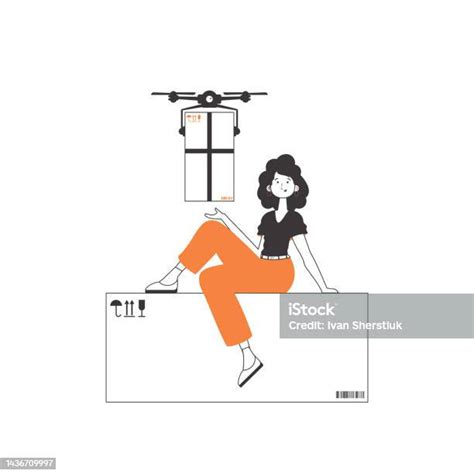 소녀는 무인 항공기로 패키지를 배달합니다 드론 배달 개념 선형 트렌디 한 스타일 흰색 배경에 고립되어 있습니다 벡터