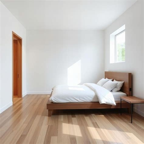 Minimalist Bedroom With White Walls Wooden Floors Premium Ai