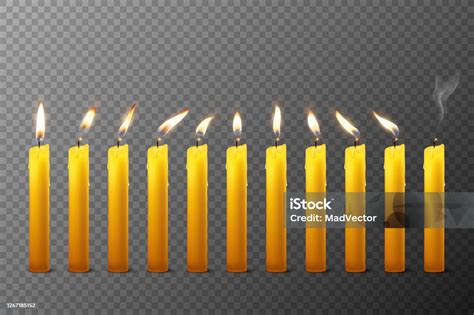 Vector 3d Realistic Orange Paraffin Atau Lilin Pembakaran Lilin Dengan Ikon Api Berbeda Mengatur
