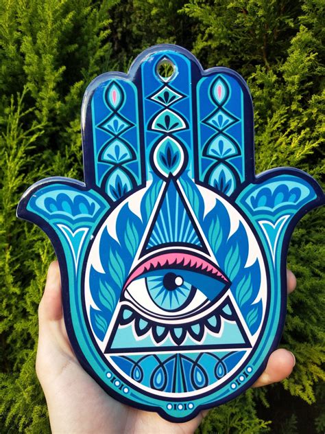 Large Protection Evil Eye Ceramic Hand Fatima Hamsa Dish Wall